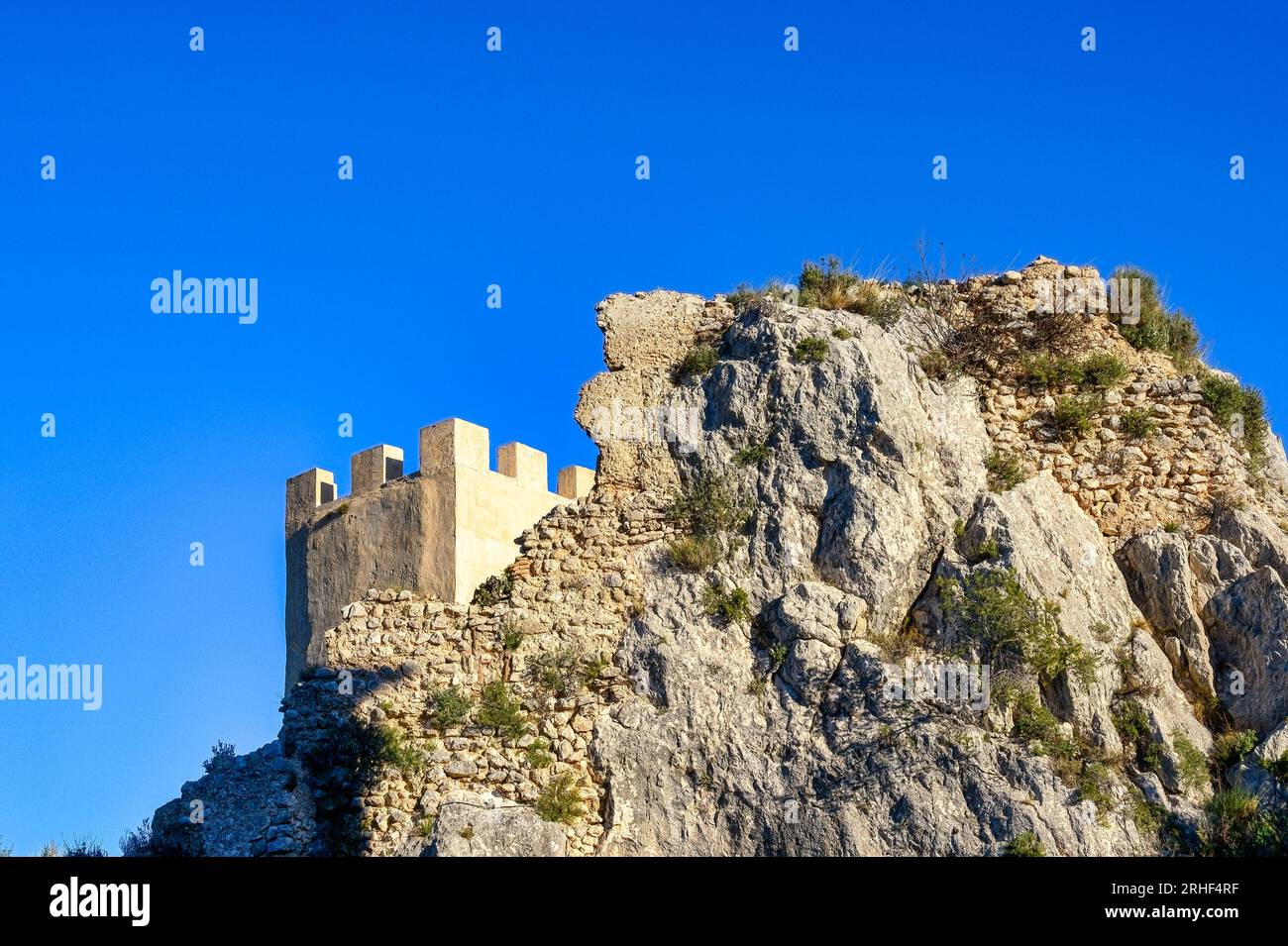 Guadalest, Alicante, Spain, tower with merlons in the fort located on ...
