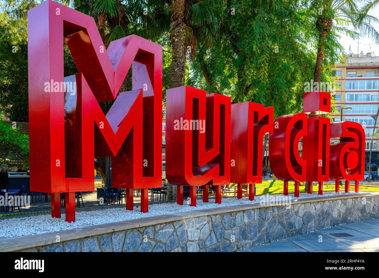 Murcia, Spain, three dimensional sign of the city. The red single word ...