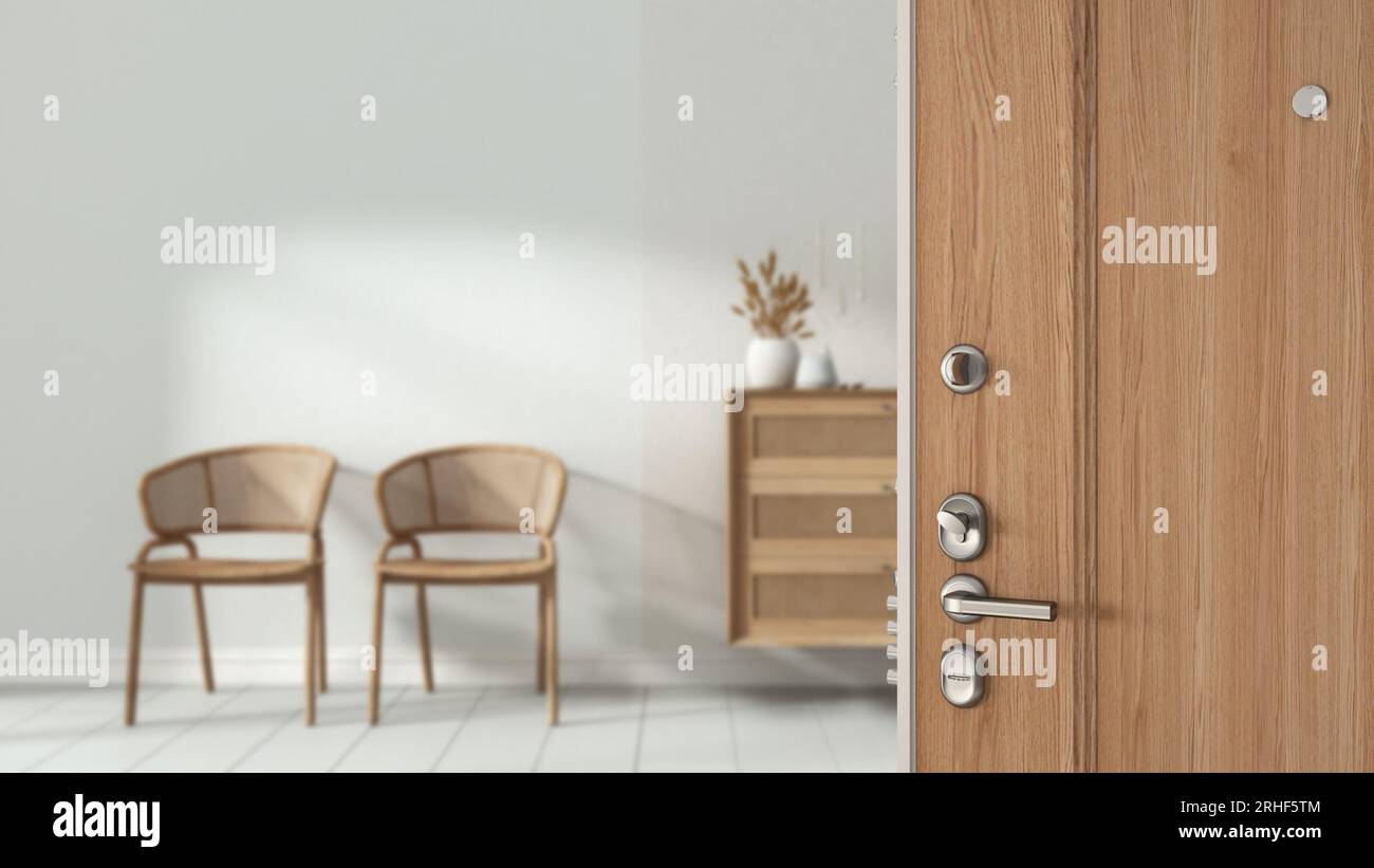 Wooden entrance door opening on scandinavian living room with rattan ...