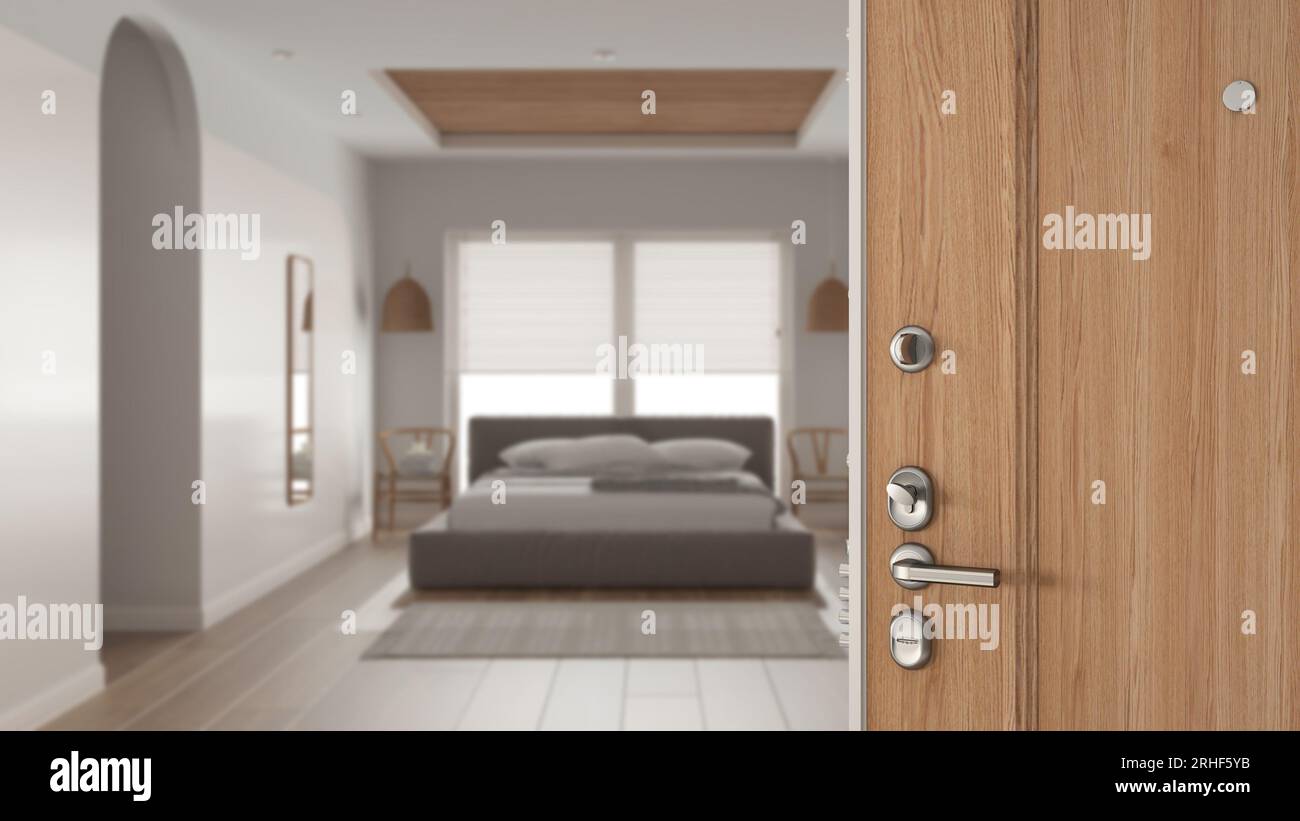 Wooden entrance door opening on modern bedroom with parquet and cane ...
