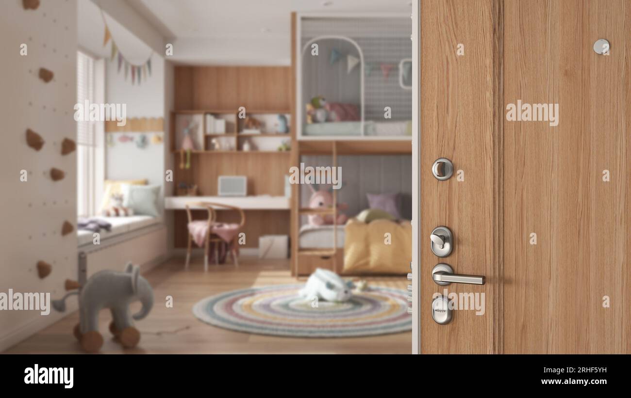 Wooden entrance door opening on modern children bedroom with bunk bed ...