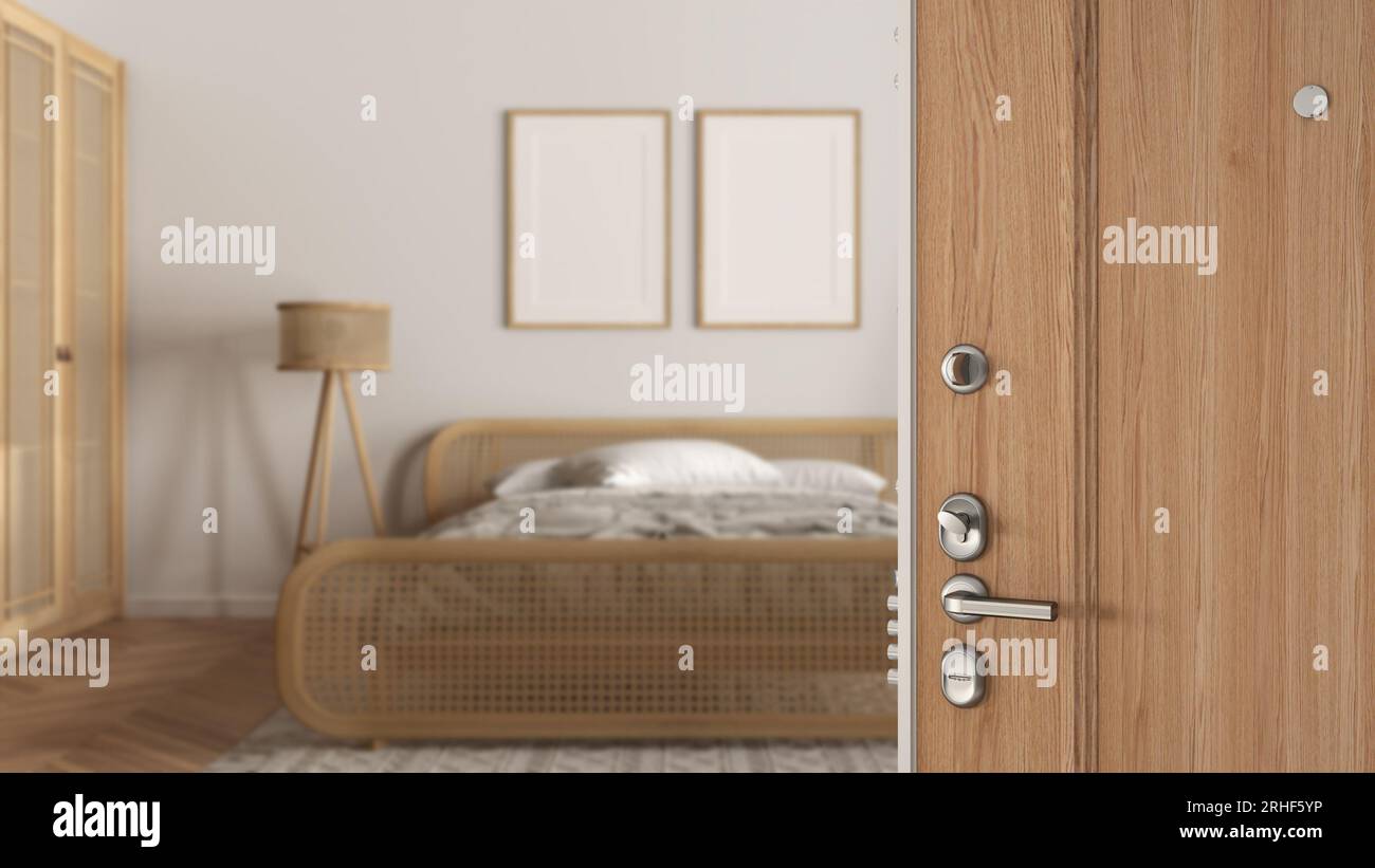 Wooden entrance door opening on modern bedroom with double rattan bed ...