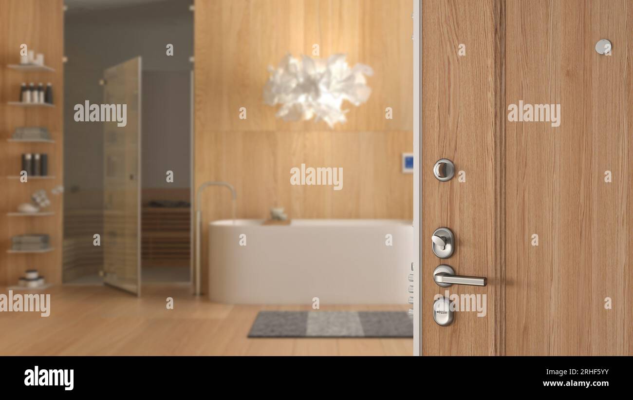 Wooden entrance door opening on modern spa bathroom, freestanding ...