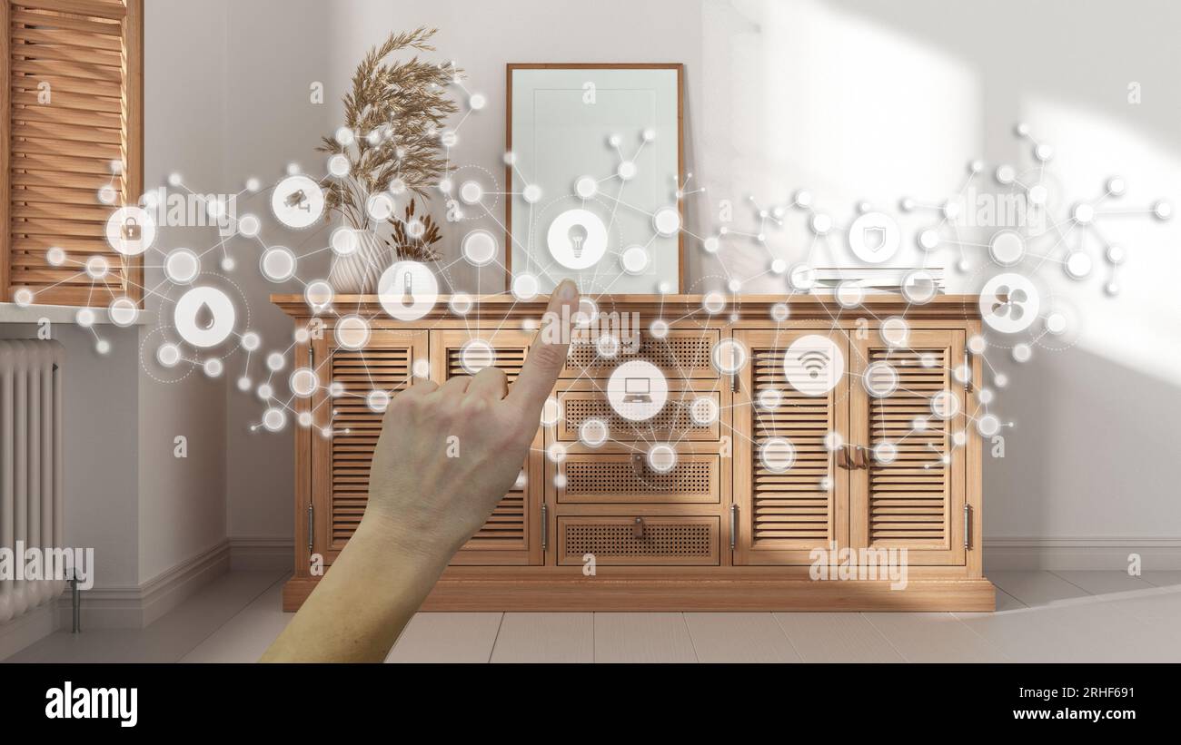 Glowing smart home interface, geometric background, connected line and ...