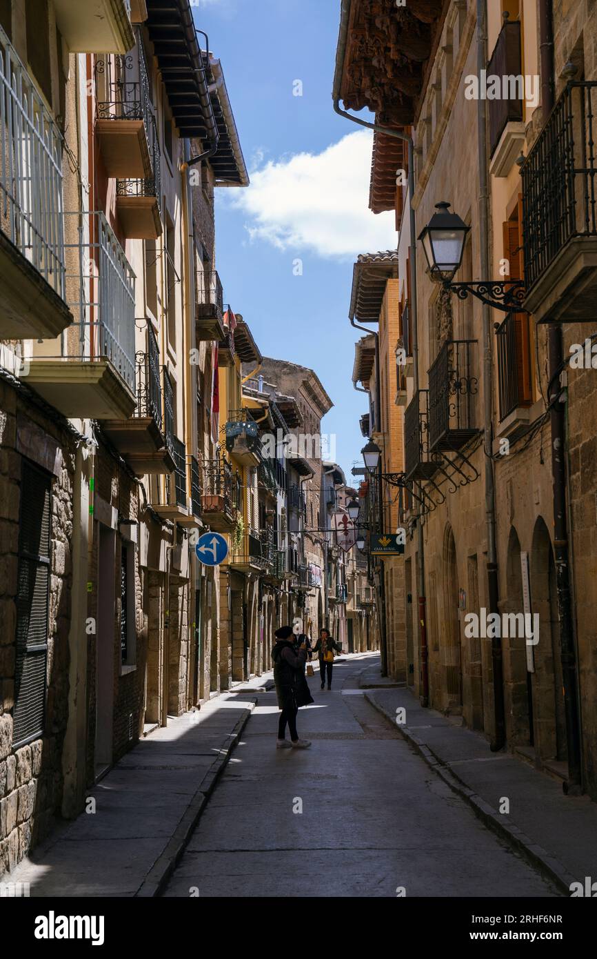 Europe, Spain, Navarre, Olite, Traditional shops and housing on the ...