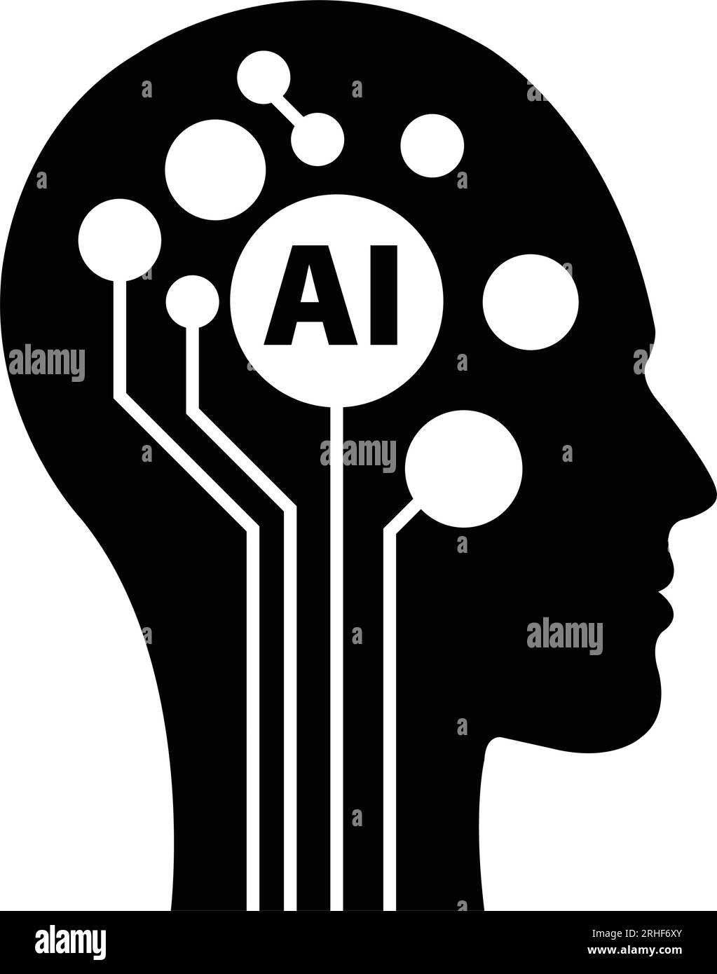 AI, Artificial intelligence icon of man human face with a digital chip on brain for computer and ...