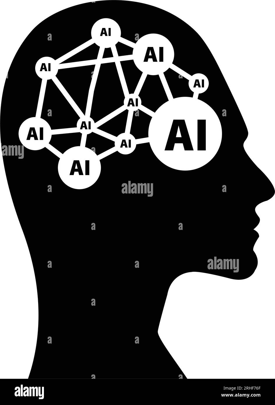 AI, Artificial intelligence icon of woman human face with a digital chip on brain for computer ...