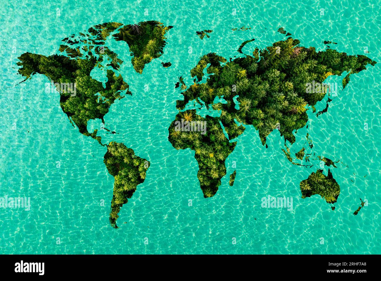 World map made up of various detailed trees on solid white background ...
