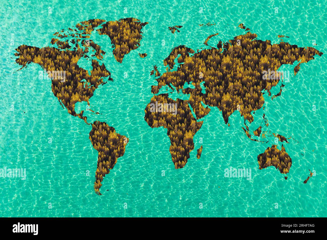 World map made up of various detailed trees on solid white background ...