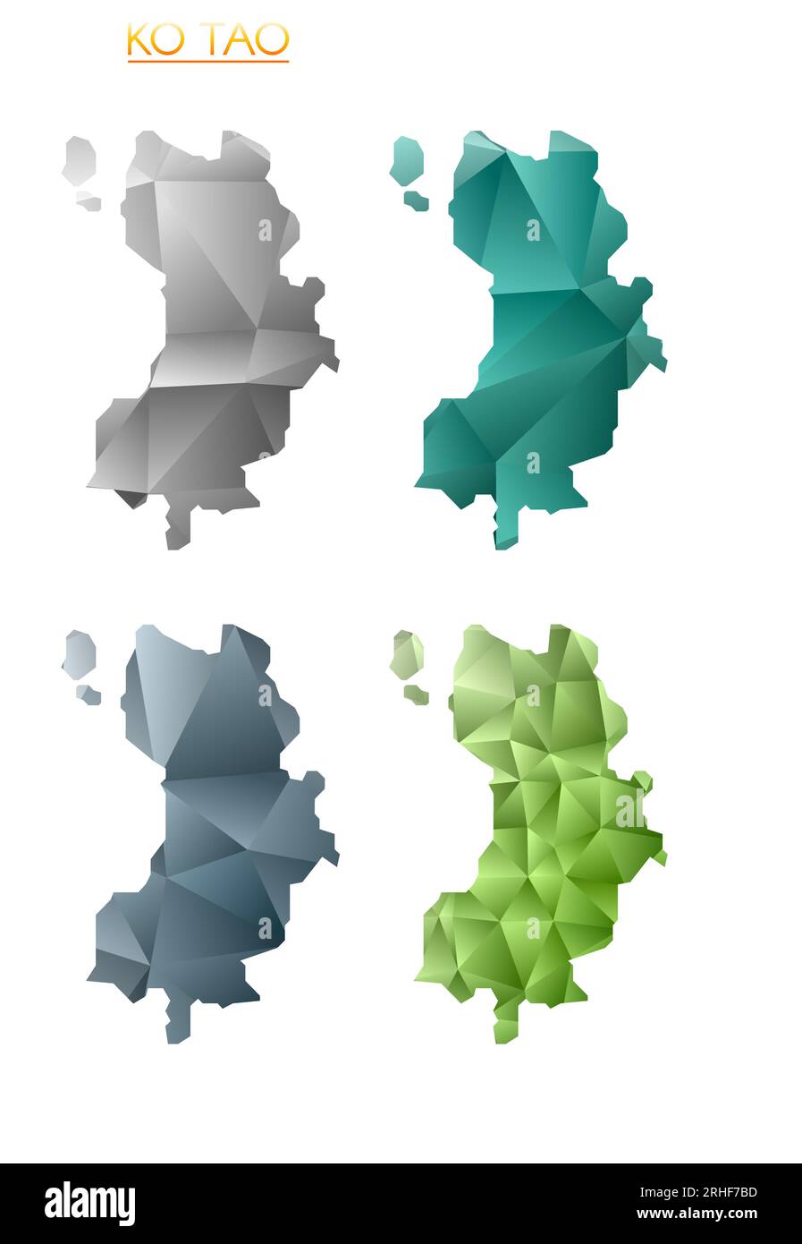 Set of vector polygonal maps of Ko Tao. Bright gradient map of island ...
