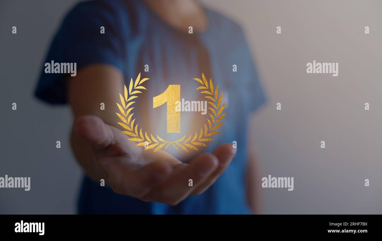 Winner round pedestal with golden number one symbol. Poster or banner ...