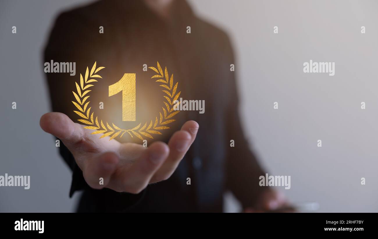 Winner round pedestal with golden number one symbol. Poster or banner ...