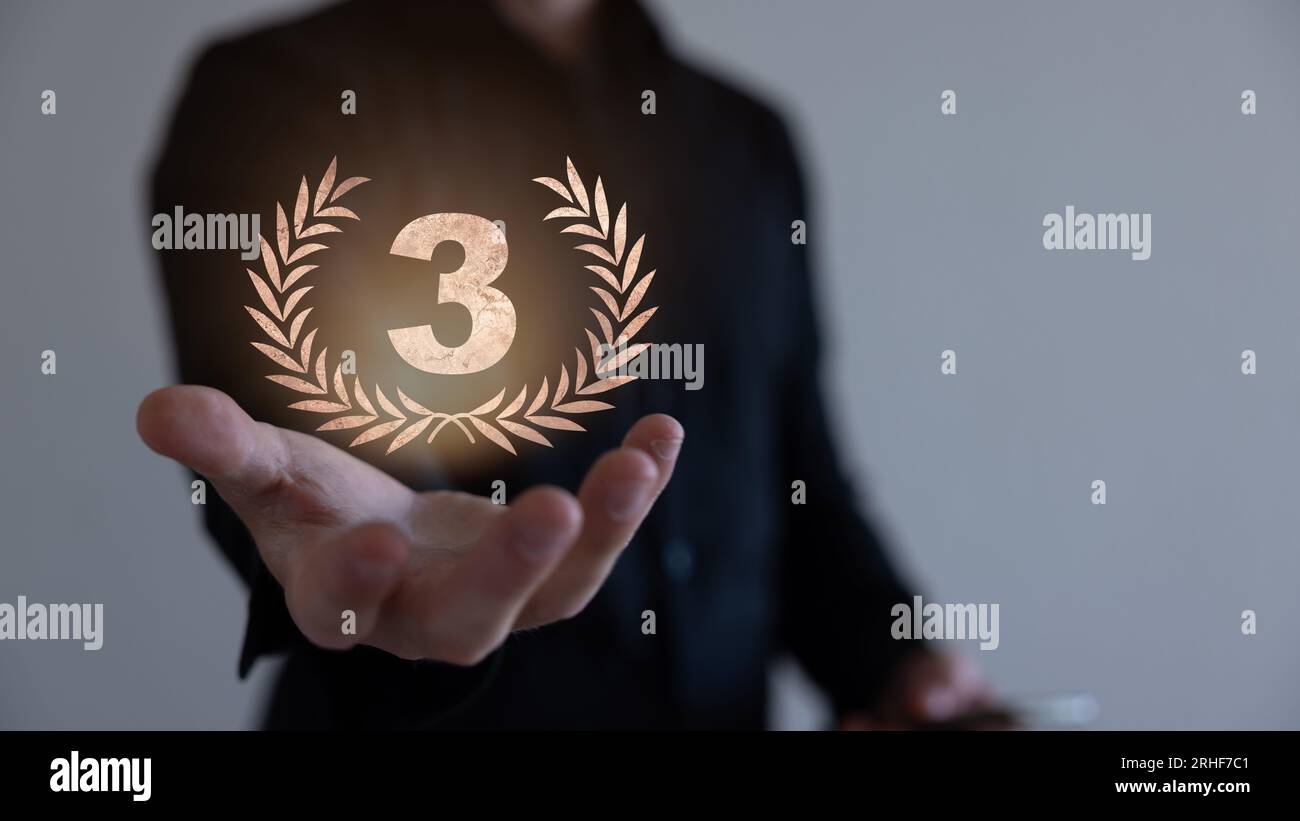 Third place award sign icon. Halftone dots pattern. Prize for winner ...