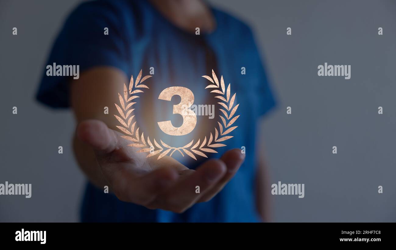 Third place award sign icon. Halftone dots pattern. Prize for winner ...