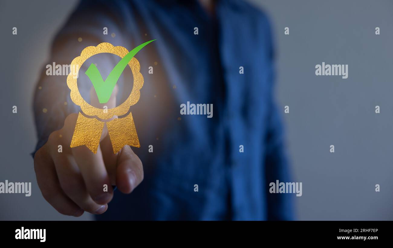 Businessman touching virtual screen icon of the best quality assurance ...