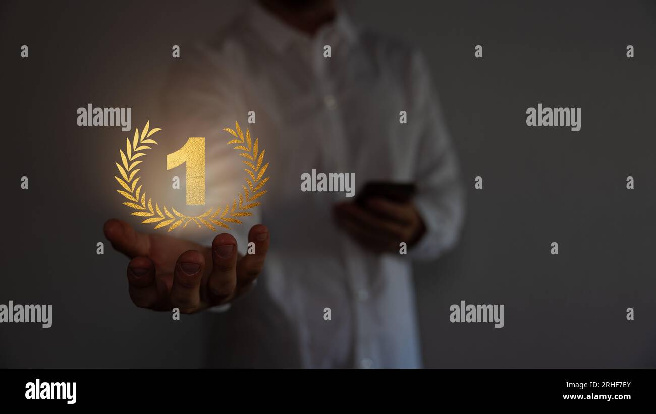 Business man hold a trophy showing success until receiving the award ...