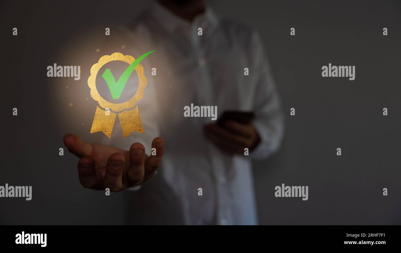 Hand shows the sign of the top service quality assurance 5-star ...