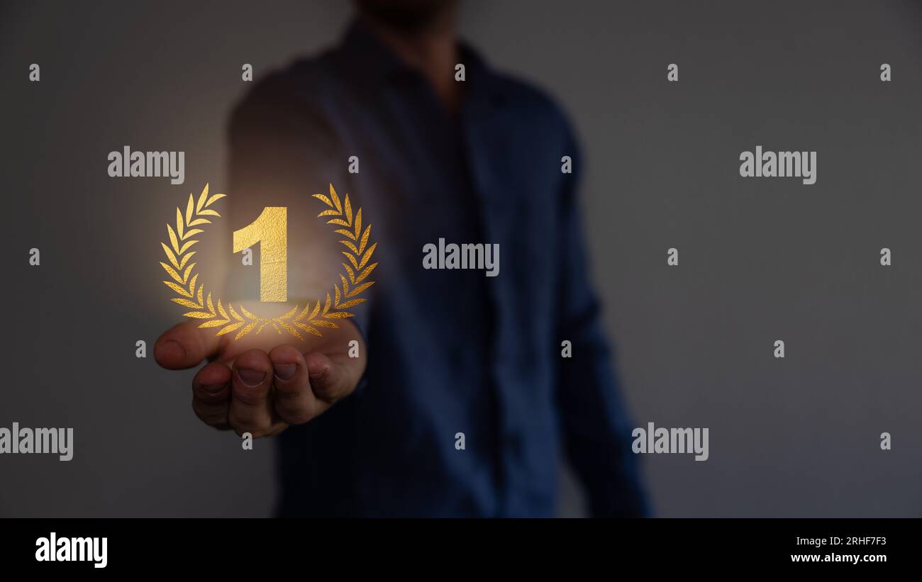 Business man hold a trophy showing success until receiving the award ...