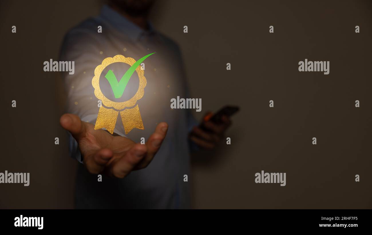 Hand shows the sign of the top service quality assurance 5-star ...