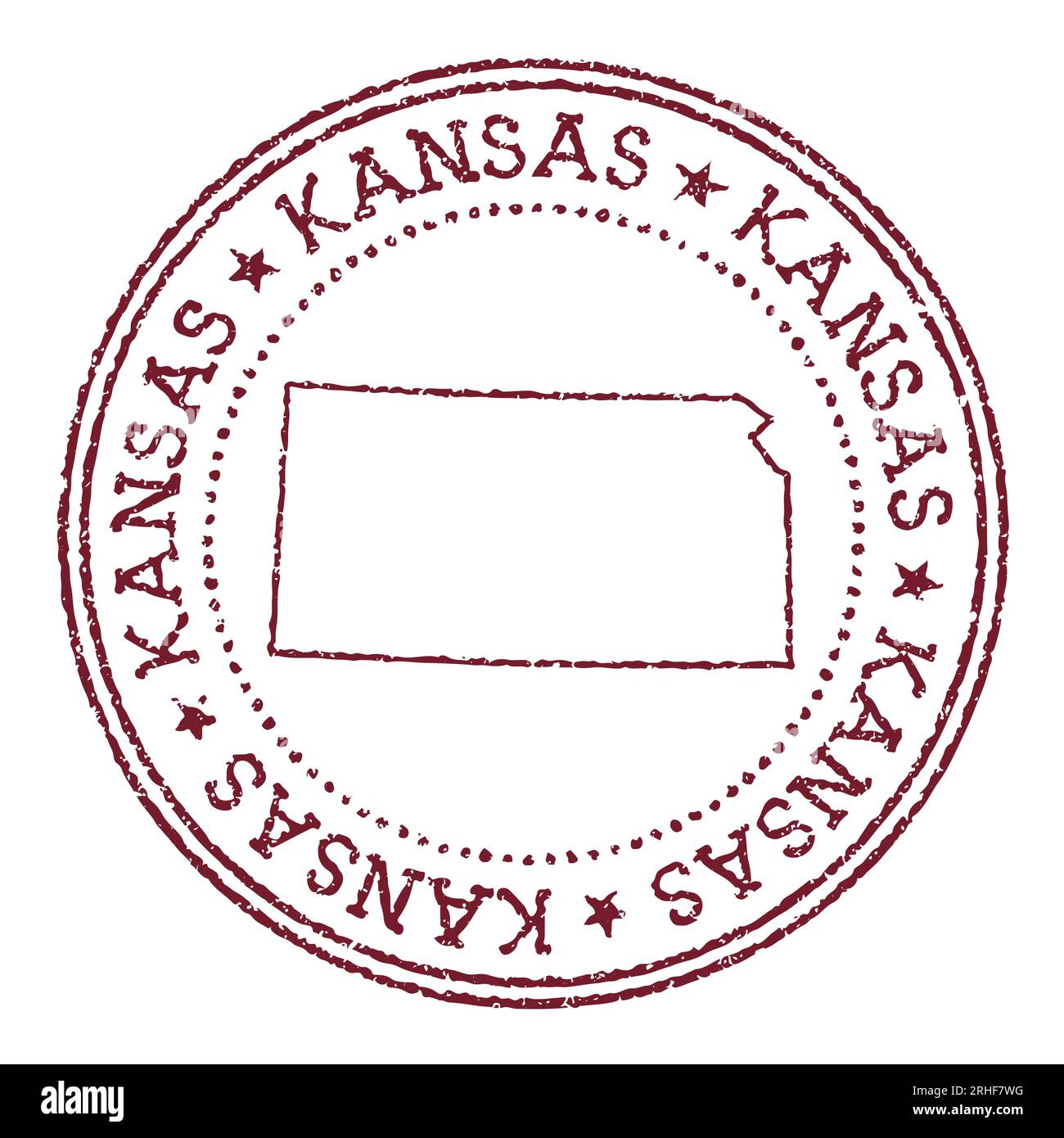 Kansas round rubber stamp with US state map. Vintage red passport stamp with circular text and ...