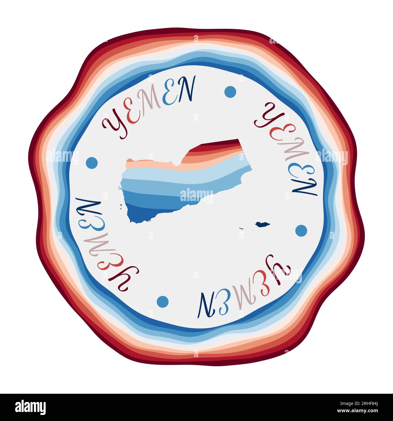 Yemen badge. Map of the country with beautiful geometric waves and vibrant red blue frame. Vivid ...