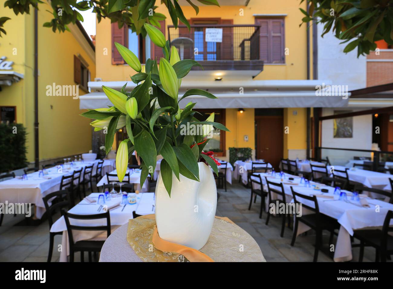 Flower in a vase in a summer outdoor cafe in the old town of Grado ...