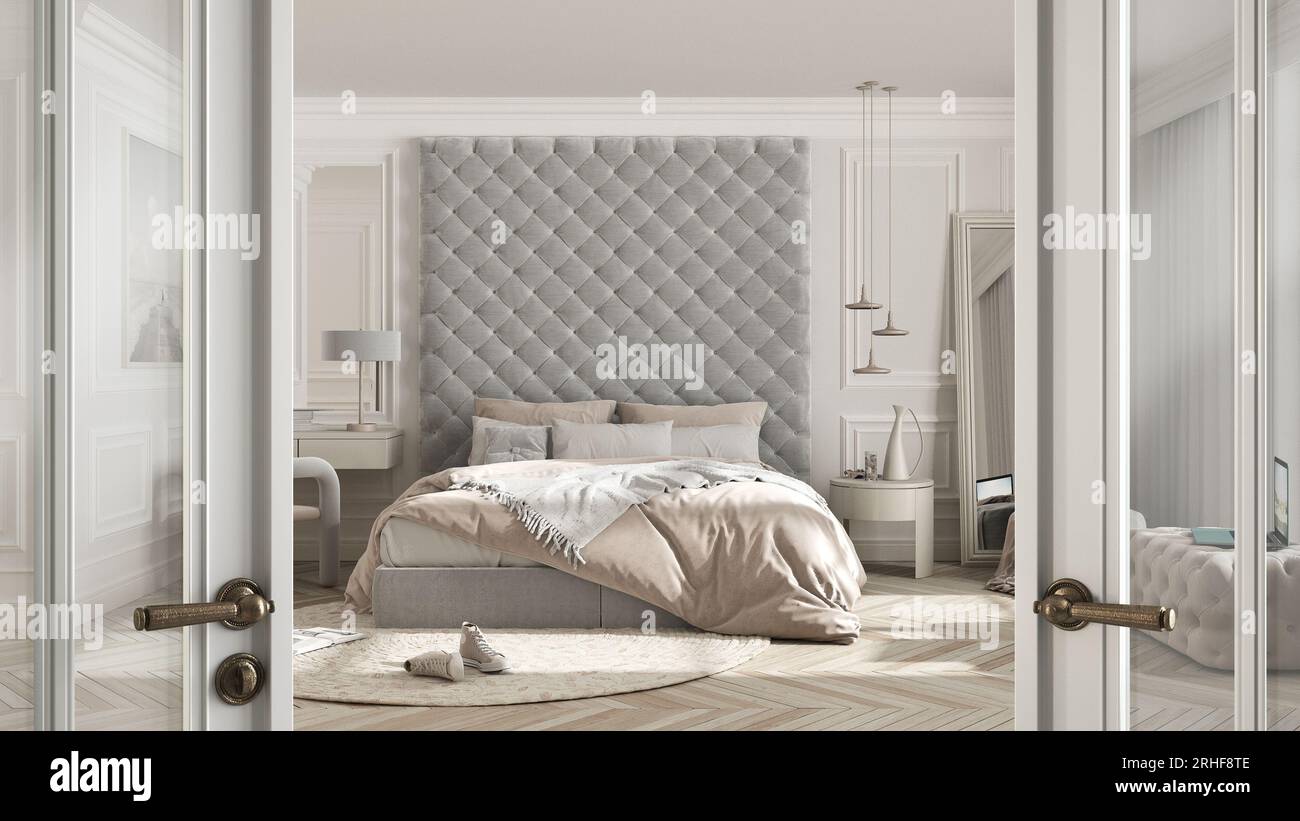 Classic white glass door opening on classic bedroom, double bed with ...
