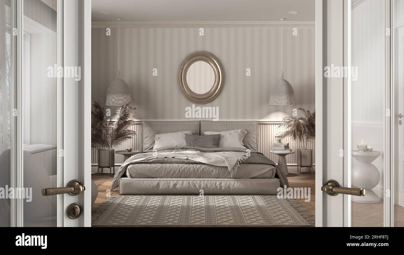 Classic white glass door opening on classic bedroom with wallpaper ...