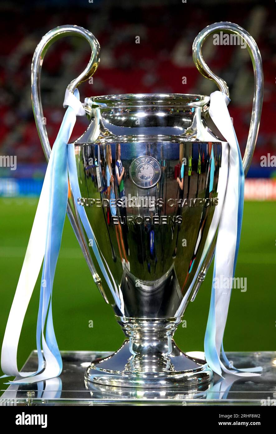 The UEFA Champions League trophy on display in the Manchester City end ...