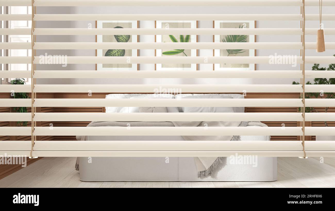 White venetian blinds close up view, over scandinavian bedroom with ...
