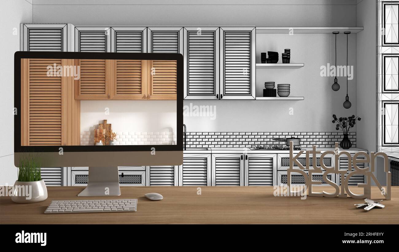 Architect designer project concept, wooden table with house keys, 3D ...