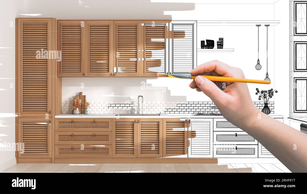 Blueprint project draft, sketch of country wooden kitchen, hand ...