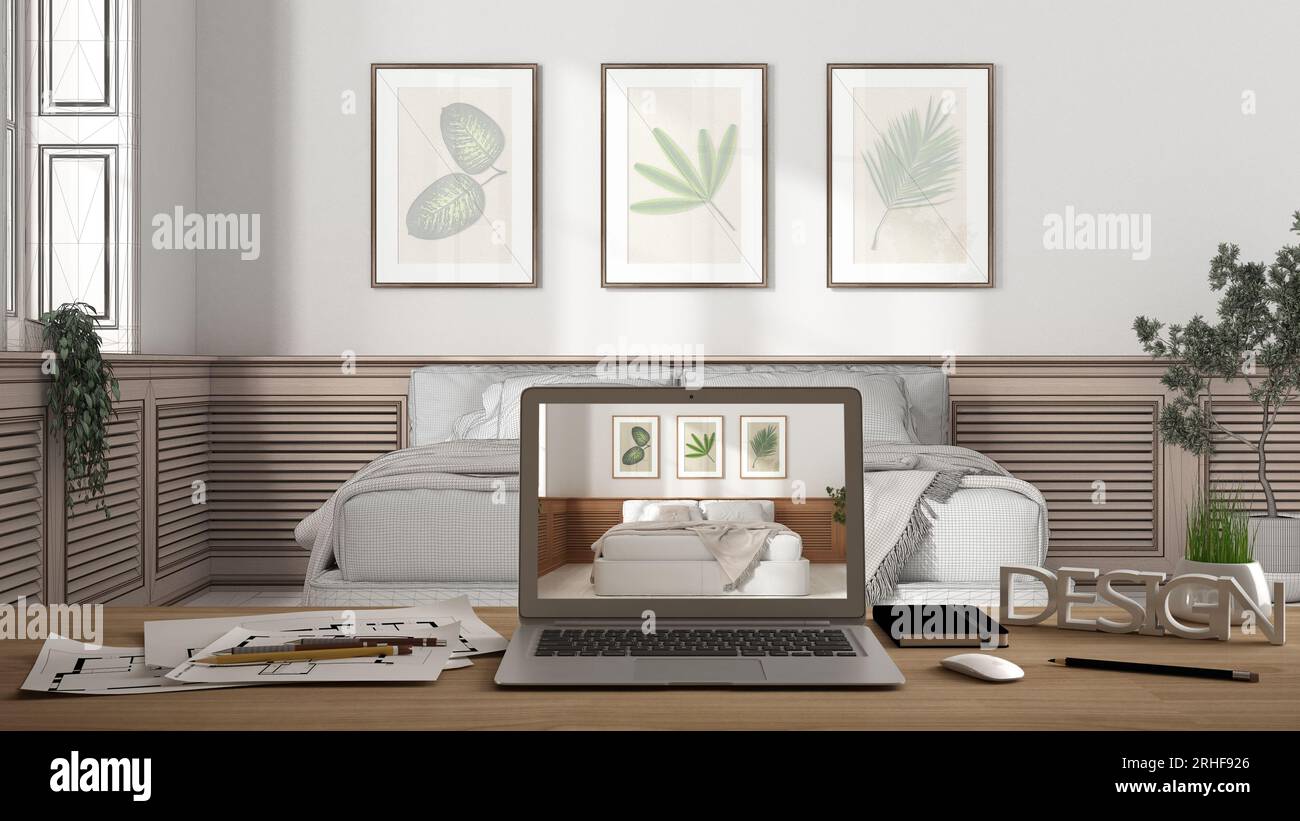 Architect designer desktop concept, laptop on wooden work desk with ...