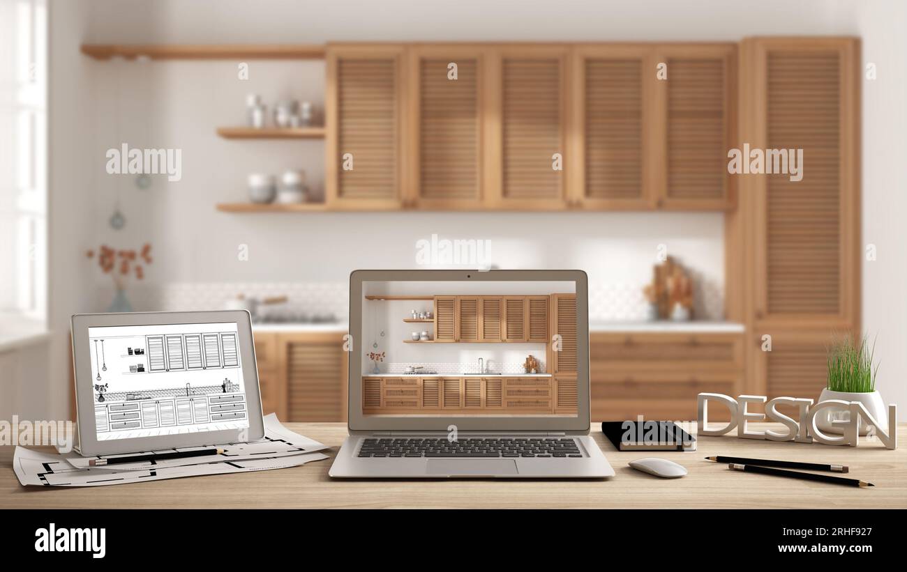 Architect designer desktop concept, laptop and tablet on wooden desk ...