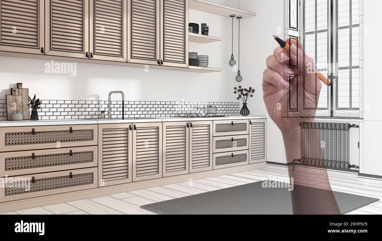 Hand drawing custom wooden country provencal kitchen, cabinets with ...