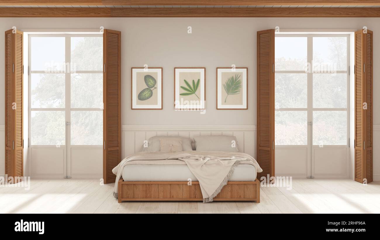Romantic bedroom background, double bed with blankets in white tones ...
