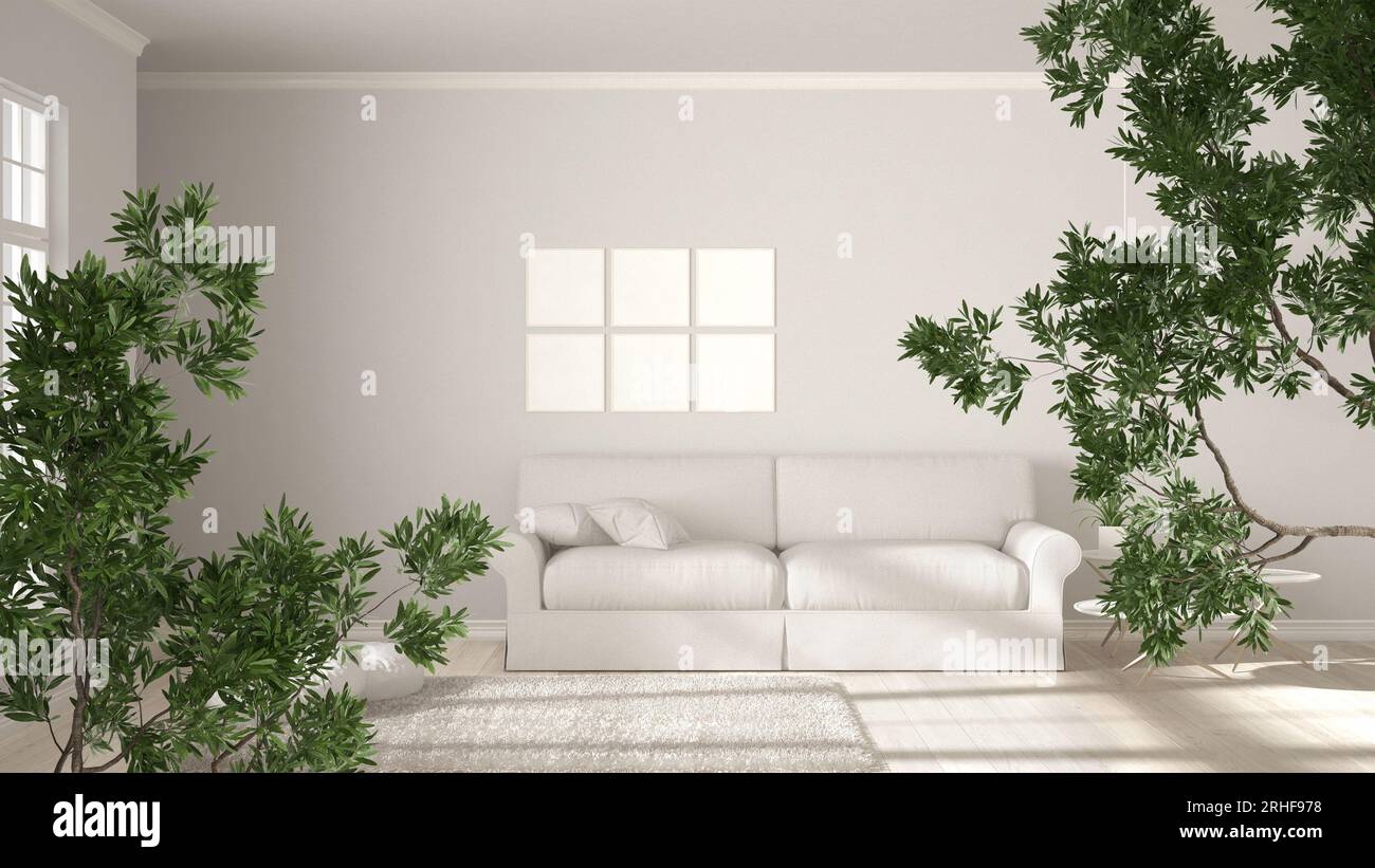 Green summer or spring leaves, tree branch over interior design scene ...