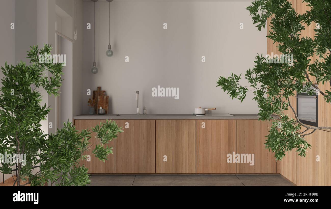 Green summer or spring leaves, tree branch over interior design scene ...