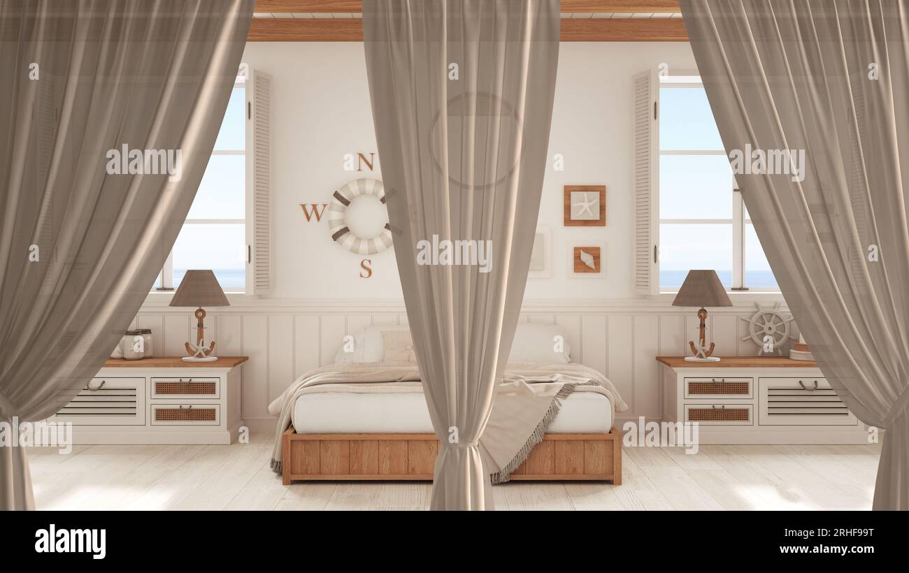 White openings curtains overlay bedroom, marine nautical style ...