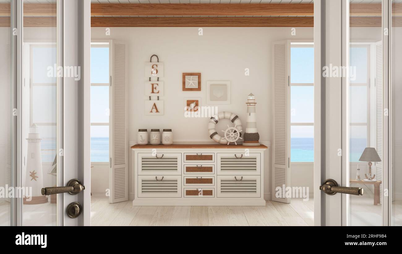 Classic white glass door opening on wooden living room with chest of ...