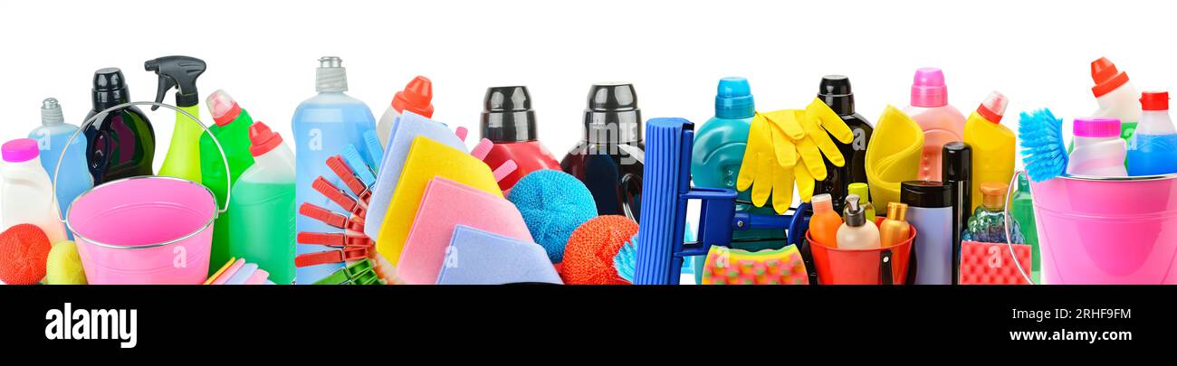 Panoramic collection of household chemicals for cleaning isolated on ...