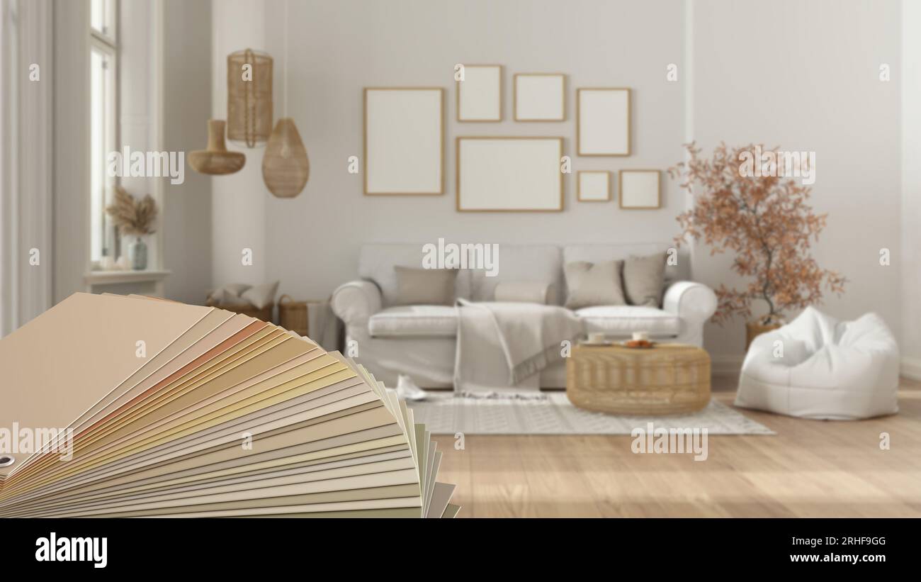 Color palette close up sample. Paint selection catalog over interior ...