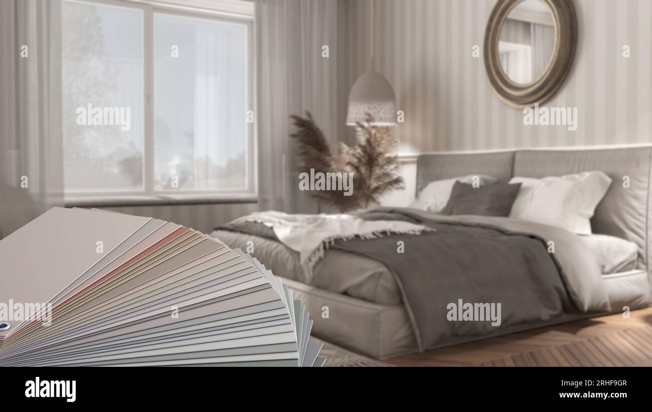 Color palette close up sample. Paint selection catalog over interior ...