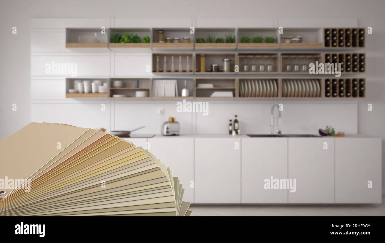 Color palette close up sample. Paint selection catalog over interior ...