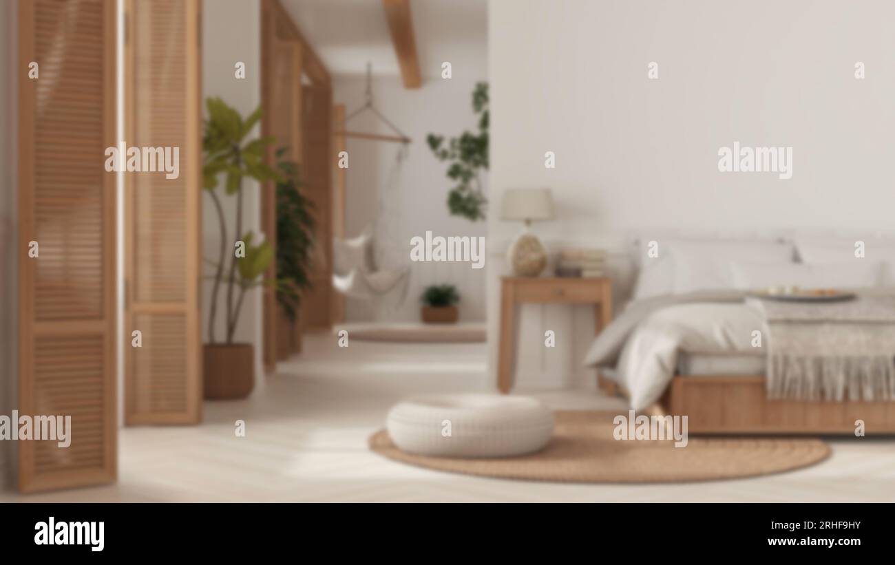 Blurred background, country wooden bedroom close up in boho style. Bed ...