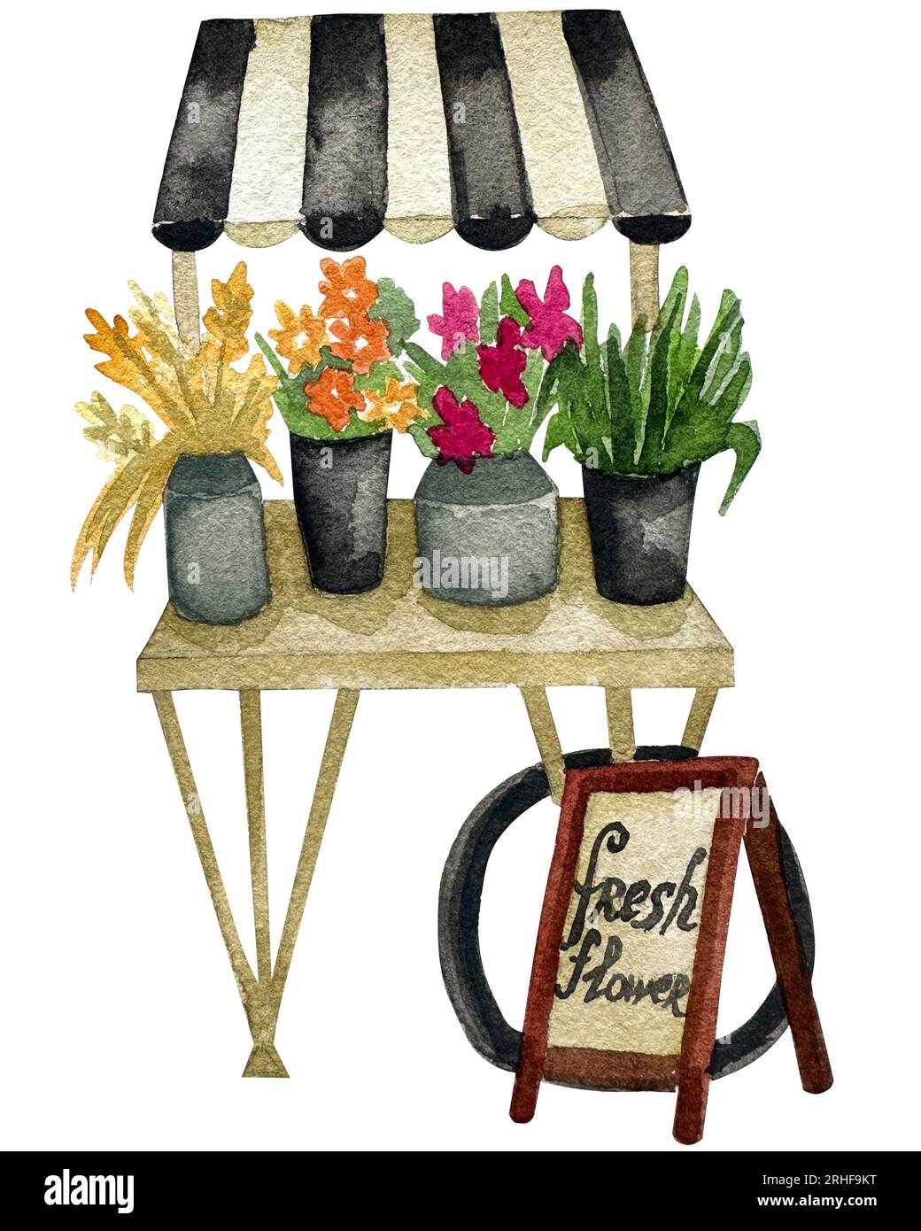 Flower shop set. Watercolor hand painted illustration. Cute fairytale ...