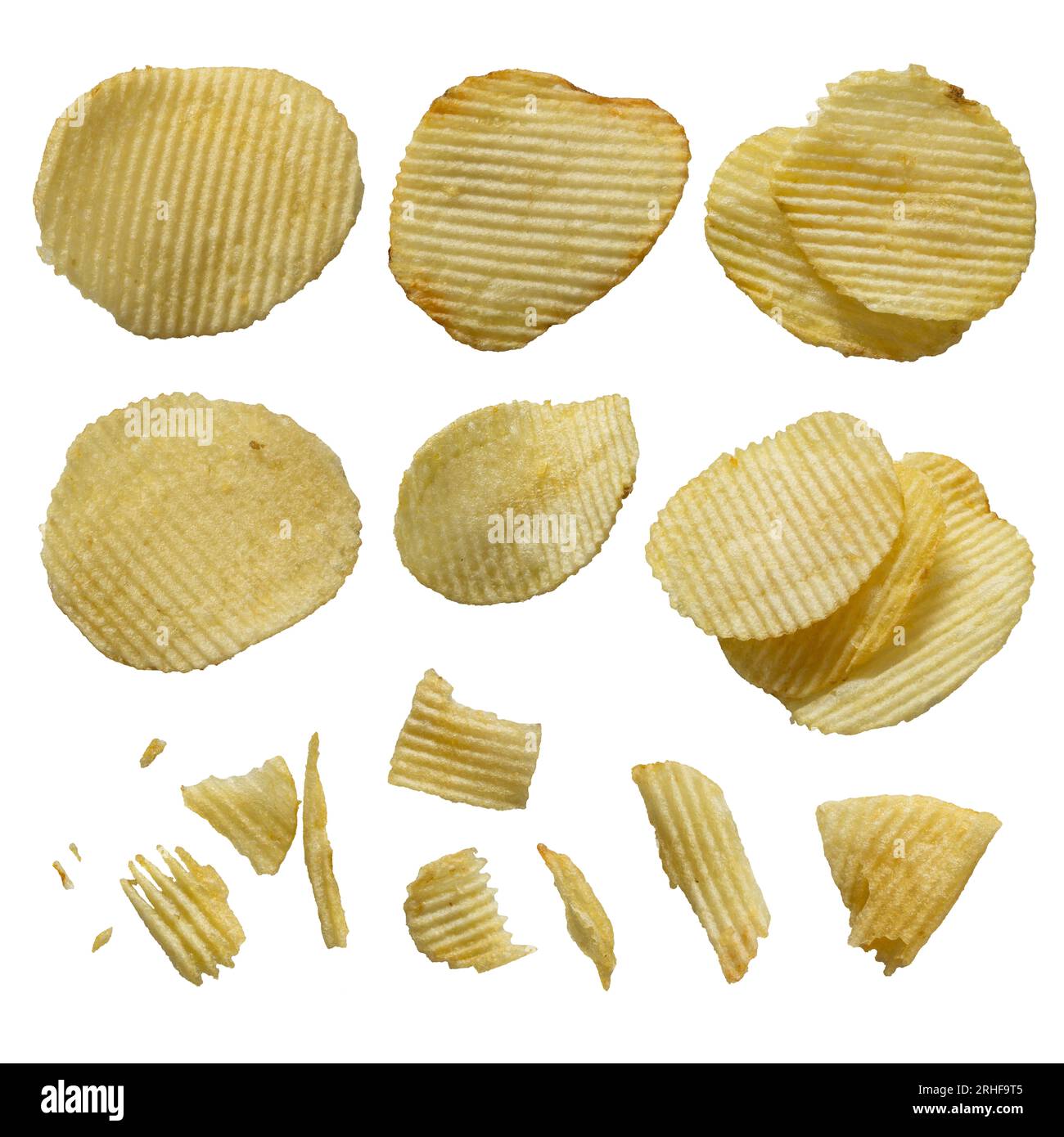 Wavy potato chips with different shapes on white background with ...