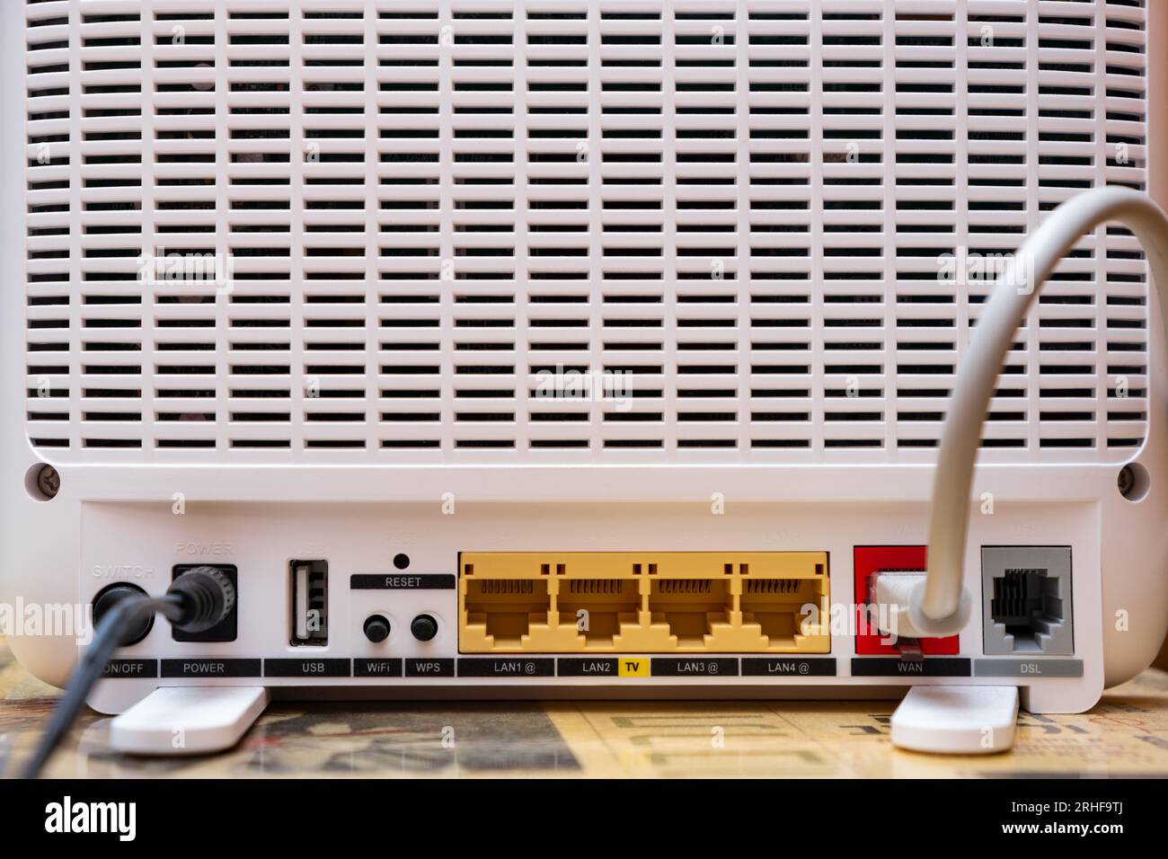 Back panel of network Wi-FI router with empty not connected lan ports ...
