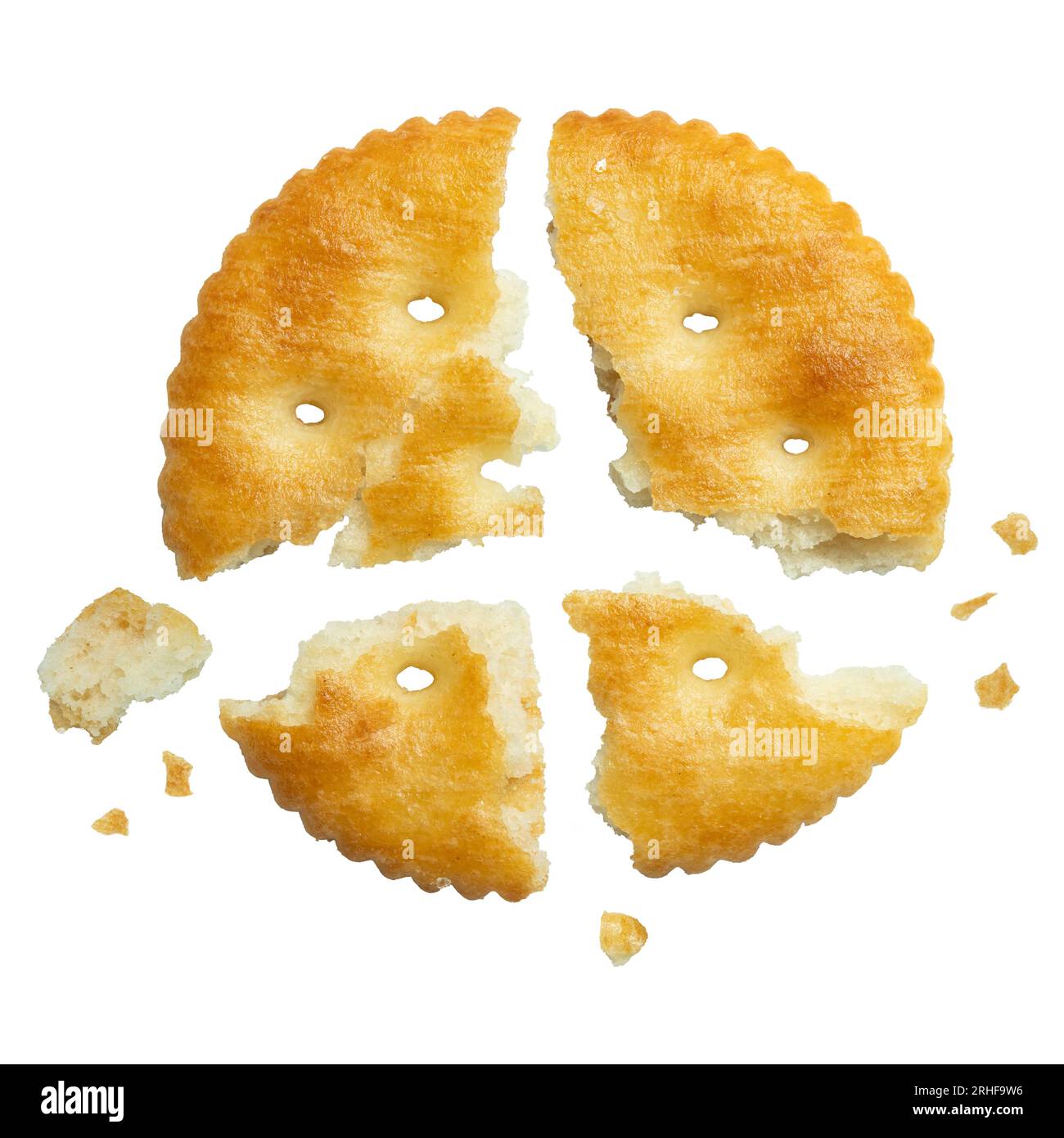 Cracker broke into four pieces on white background with clipping path ...