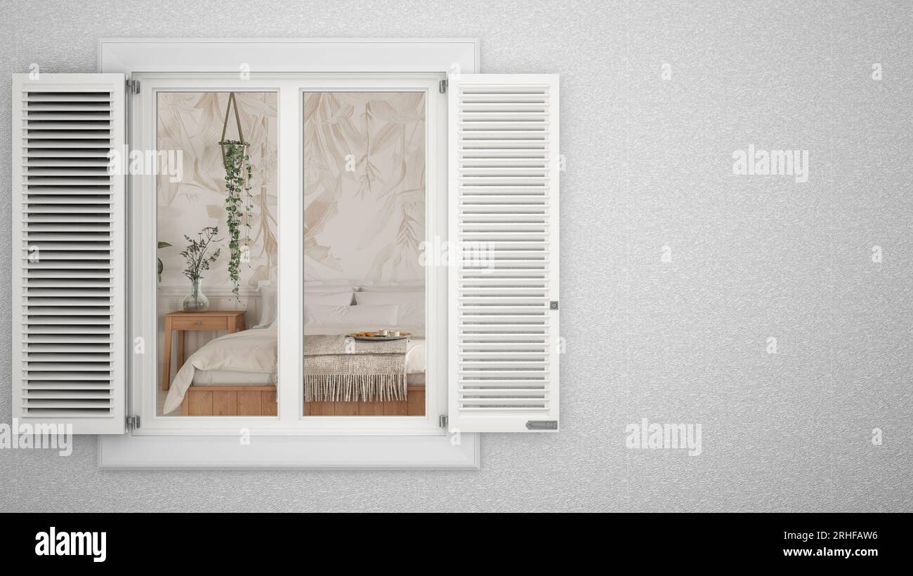 Exterior plaster wall with white window with shutters, showing bohemian ...